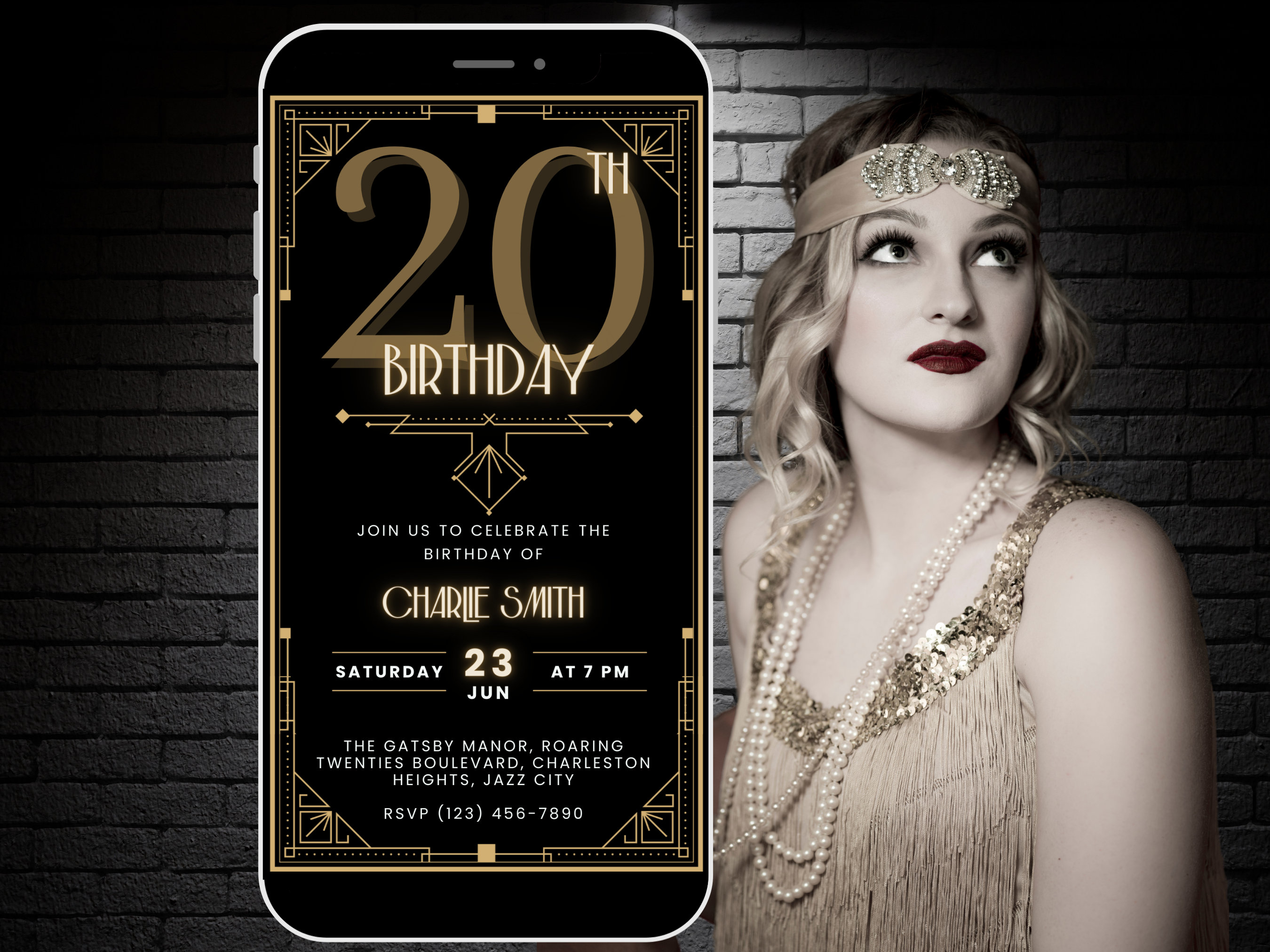 Gatsby 1920s Themed Party Invitation Template, Editable Art Deco ...