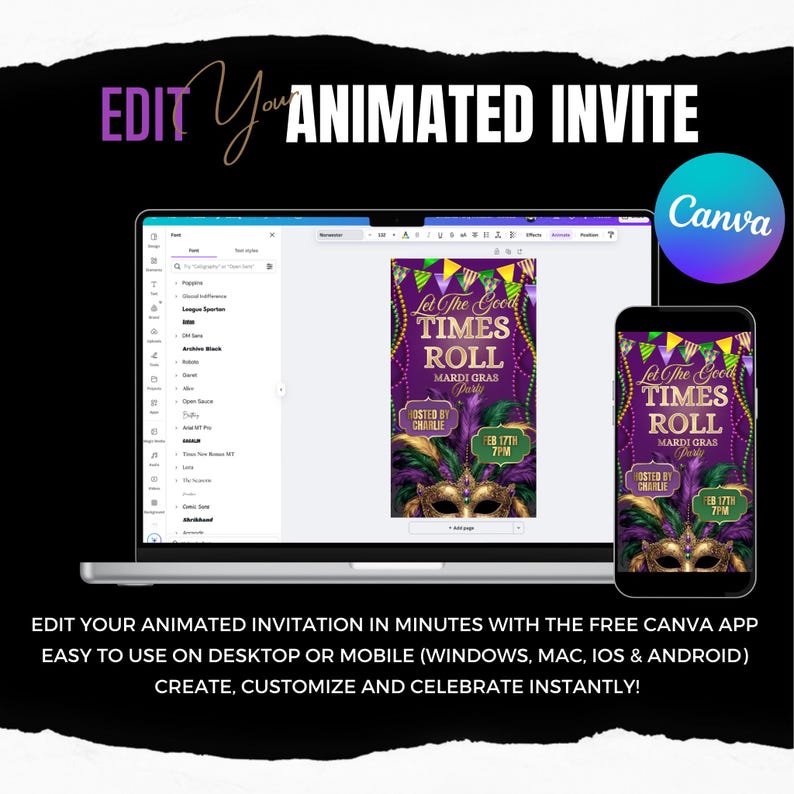 Mardi Gras Party Invite Template Digital Glam Masquerade Ball Carnival ...