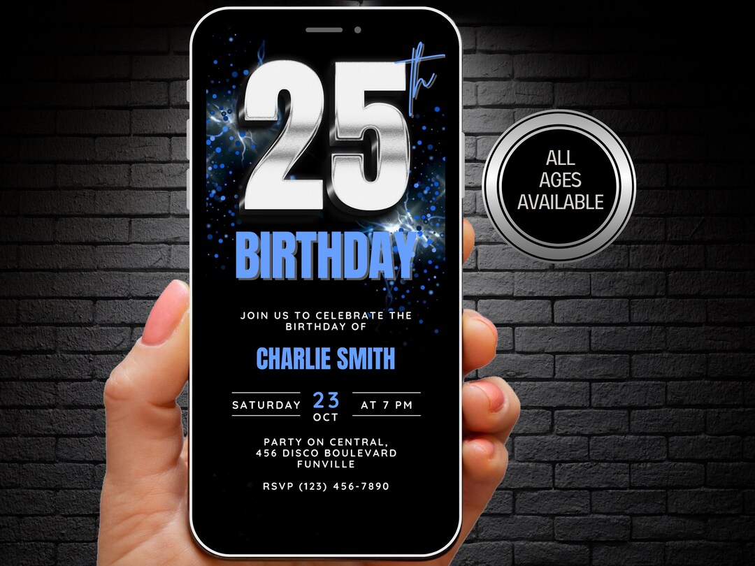 Animated 25th Birthday Party Invitation for Men, Silver & Blue 25 ...