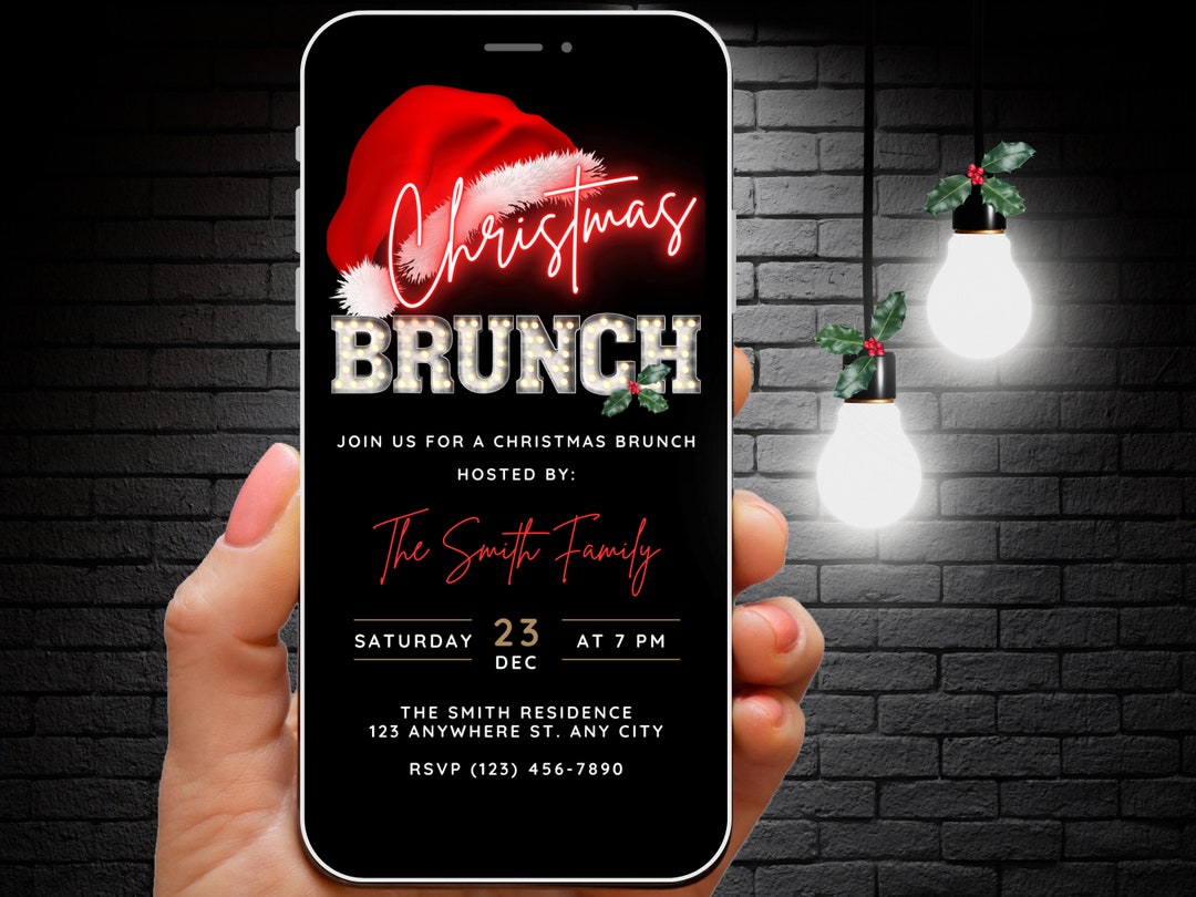 Digital Christmas Brunch Invitation Red Neon, Marquee Lights Christmas ...