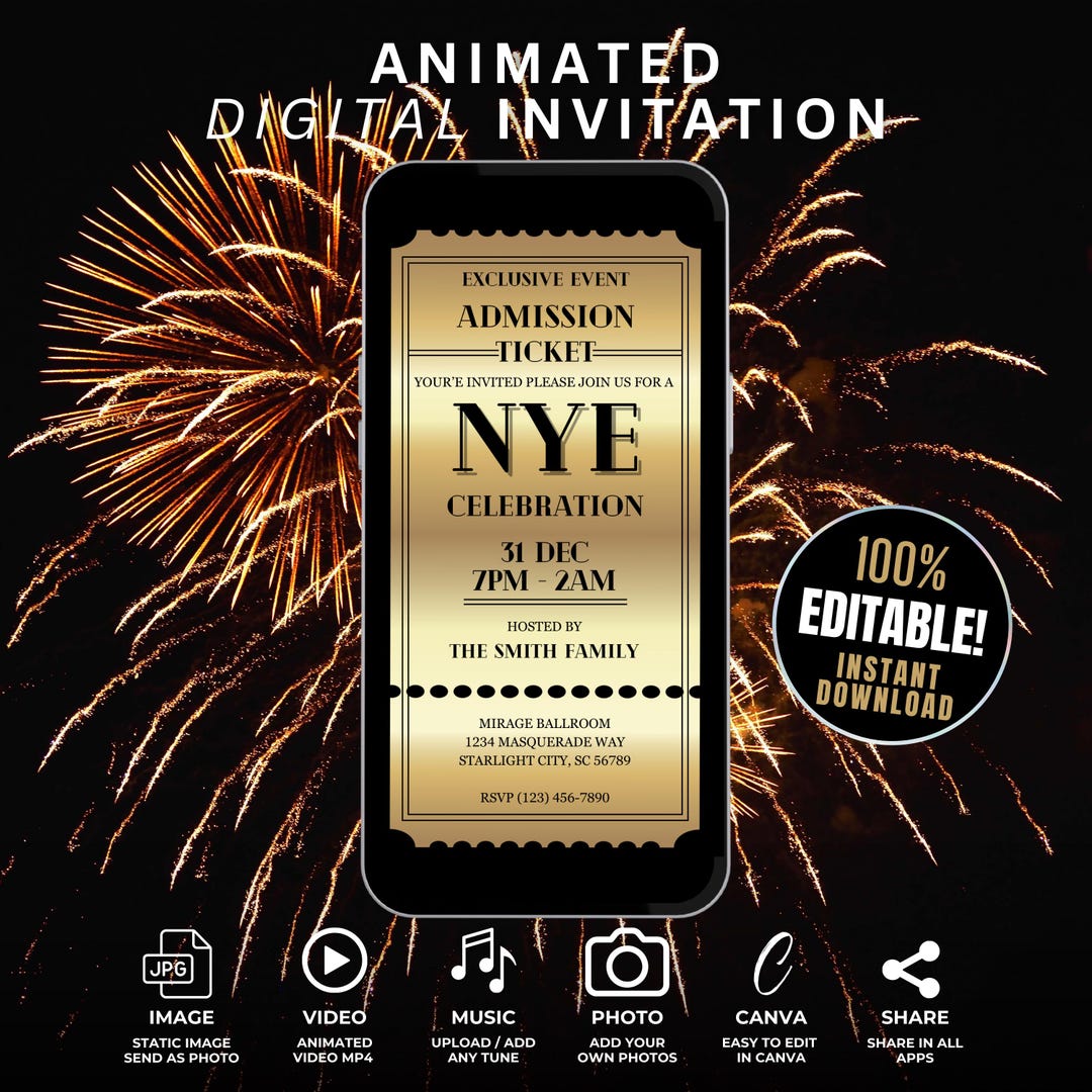 New Years Eve Ticket Party Invitation, Animated Digital NYE Party ...