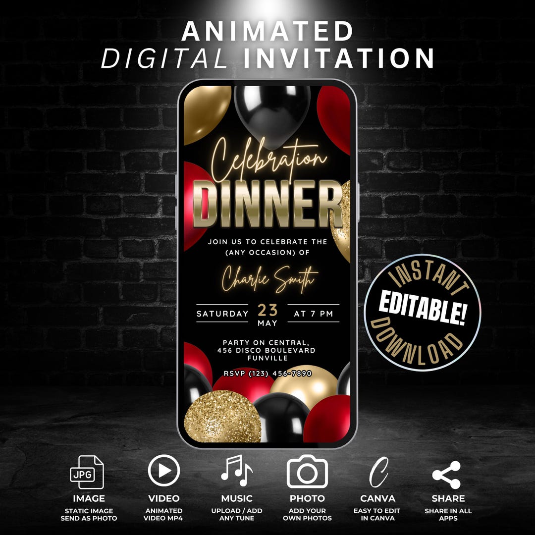 Digital Celebration Dinner Invitation, Editable Red Gold & Black Dinner ...