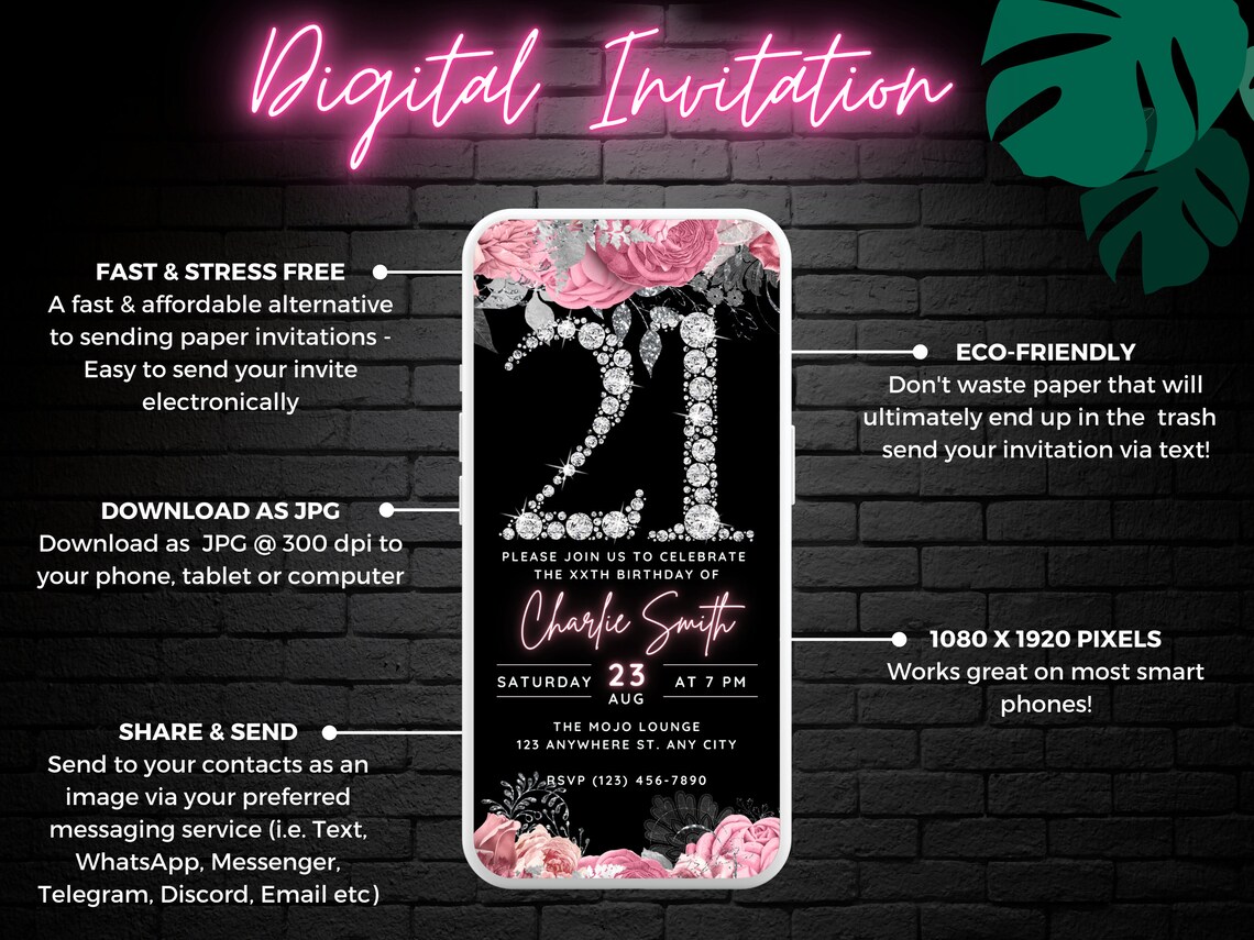 Digital 21st Birthday Invitation for Girls, 21st Invite Womens Editable ...