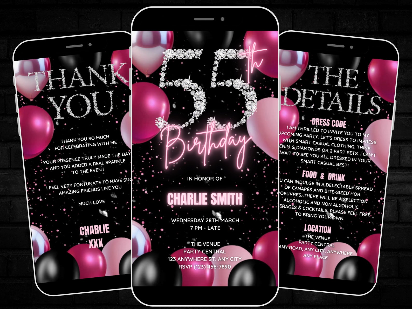 55th Birthday Invitation for Women, Animated 55th Bday Party Invite for ...