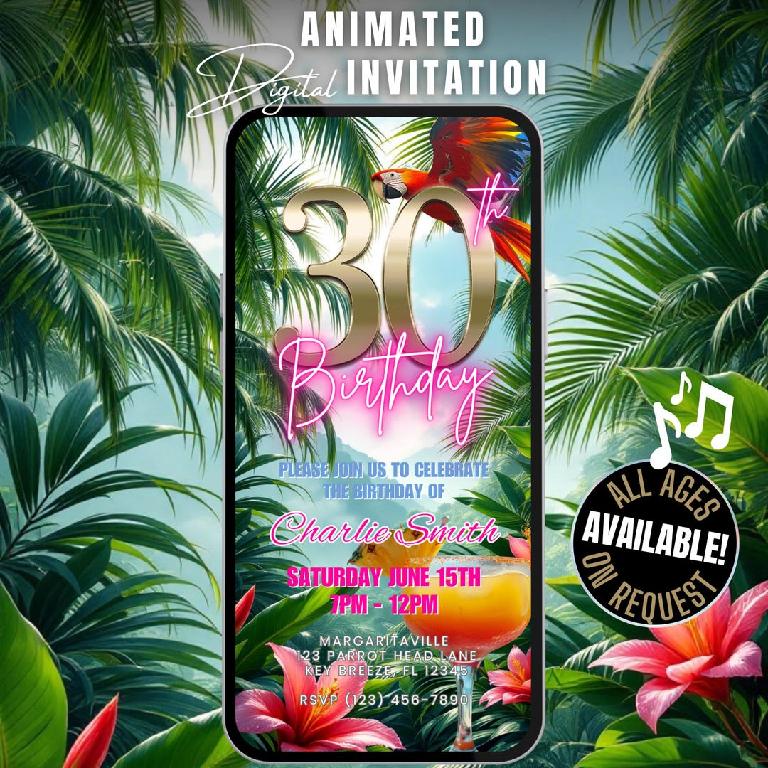 Digital 30th Tropical Party Invitation Template, Editable Animated ...