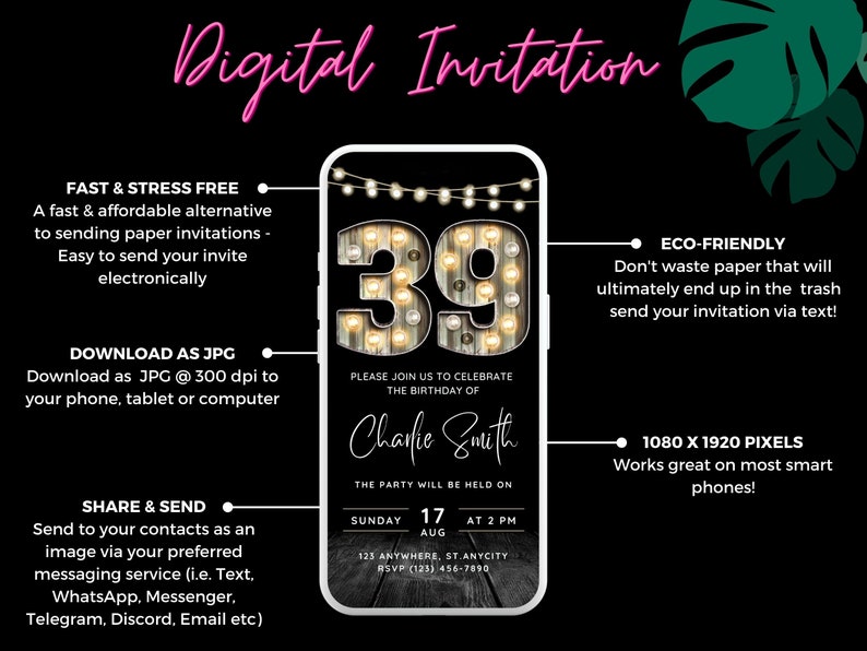 39th Birthday Party Invitation for Him, Invite for Adults, Phone ...