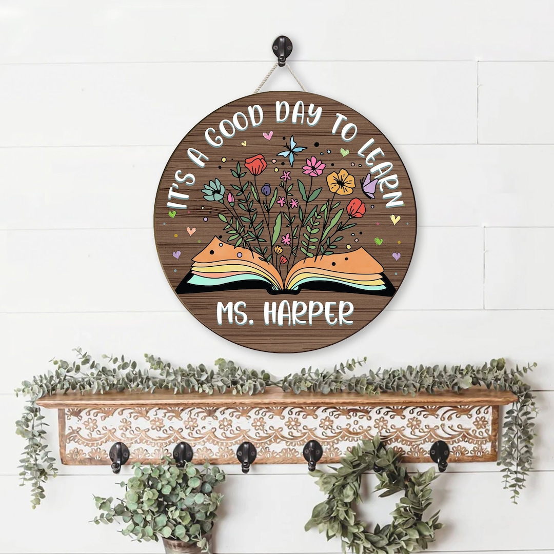 Personalized Teacher Door Sign, Floral Book Classroom Door Hanger ...