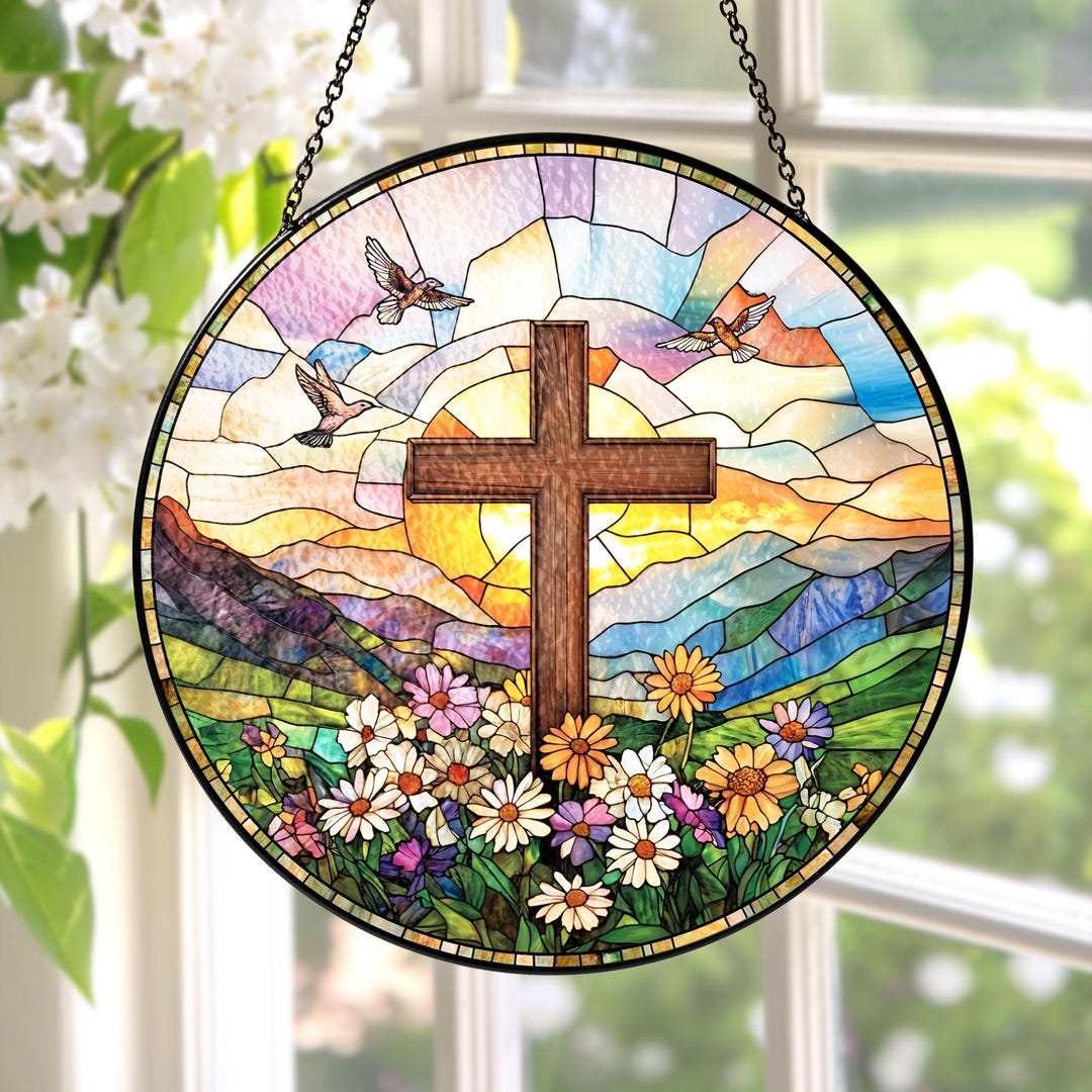 Stained Glass Cross and Wildflowers Suncatcher Christian Glass Window ...