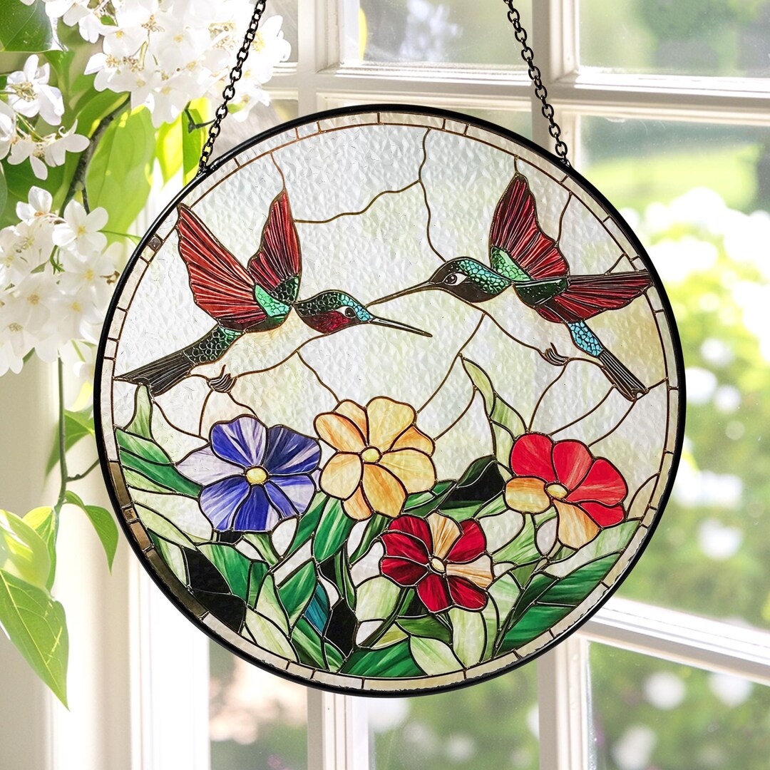 Hummingbird Glass Suncatcher, Hummingbirds and Wild Flowers Glass Art ...
