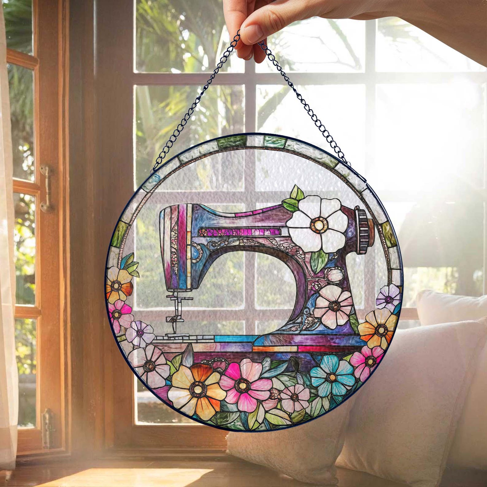 Customiable Sewing Machine Stained Glass Suncatcher, Wild Flower Sewing ...