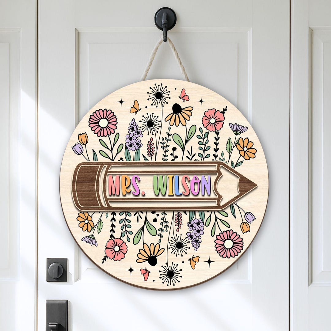 Custom 3D Teacher Door Hanger, Gift for Teacher, Floral Teacher Name ...