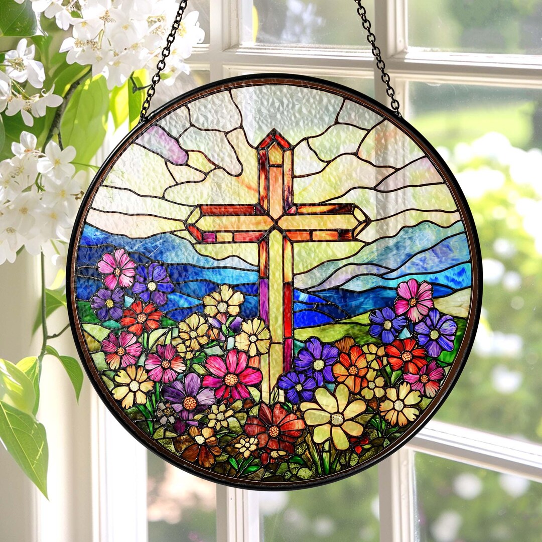 Christian Cross Stained Glass Suncatcher, Wildflower Cross Suncatcher ...