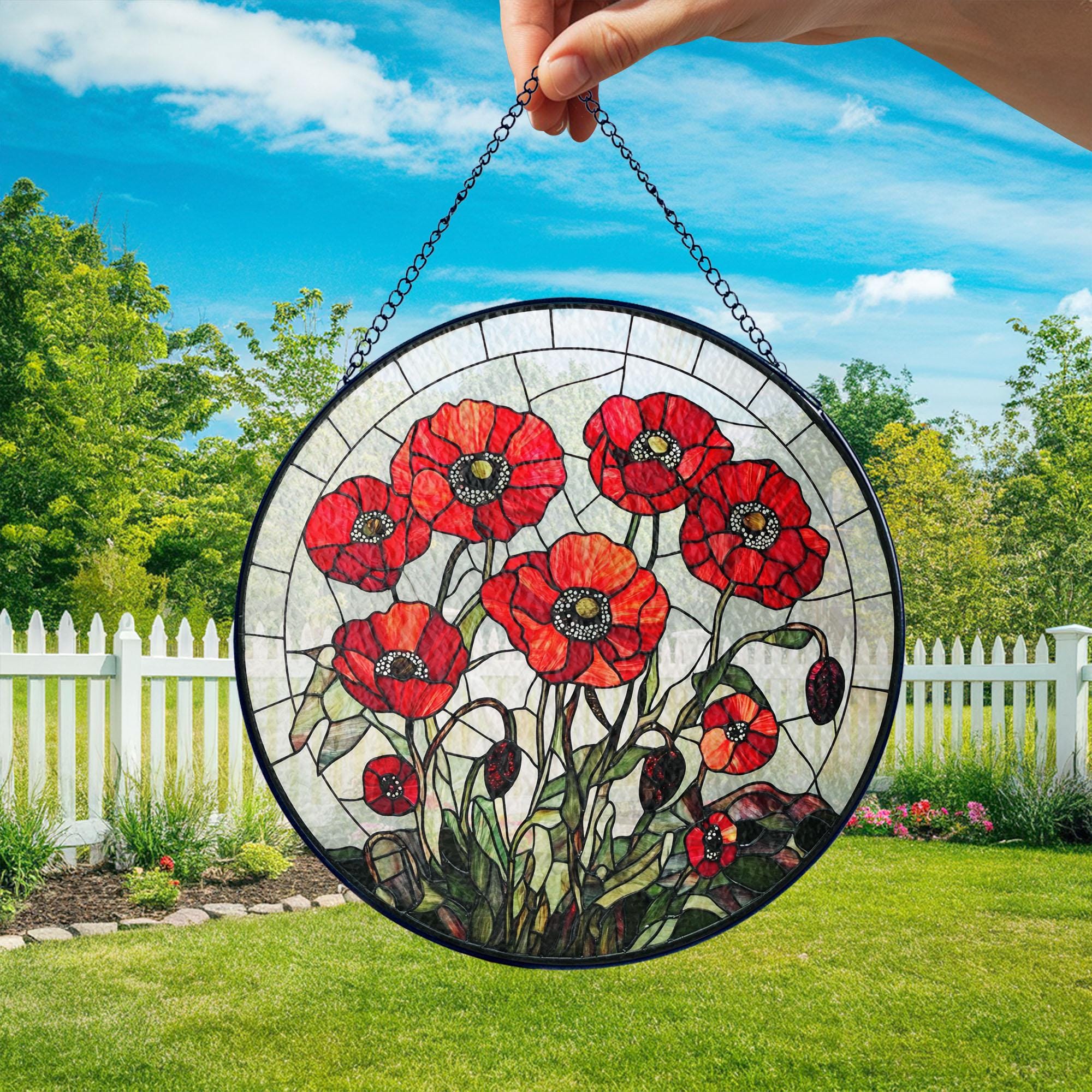 Poppy Flowers Suncatcher, Stained Glass Plant Home Decor, Unique ...