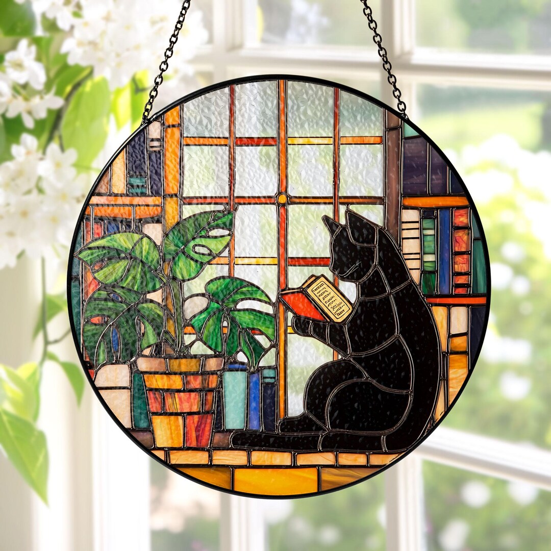 Stained Glass Black Cat and Book Suncatcher Book Lover Gift for ...