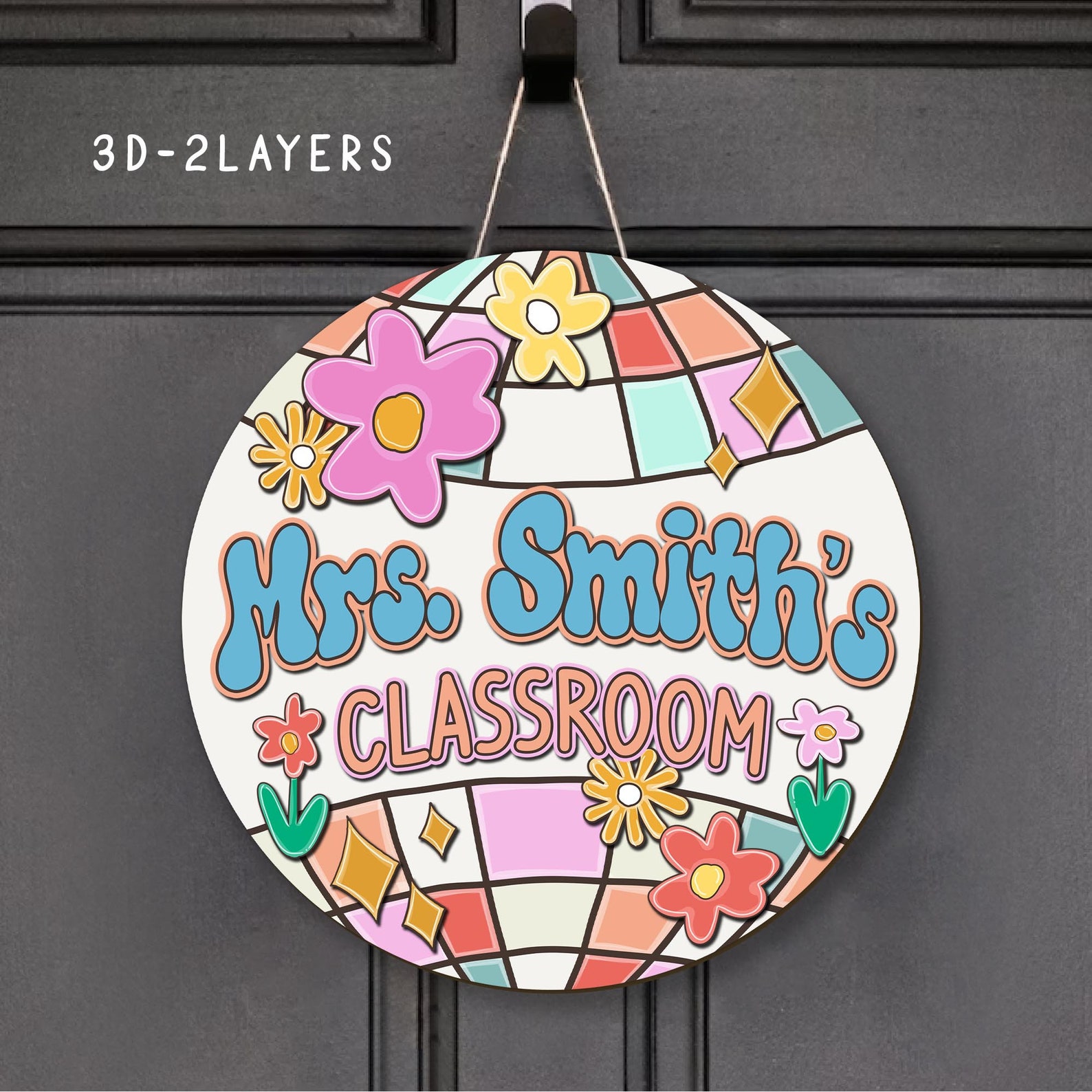 Personalized Disco Classroom 3D 2 Layers Door Sign, Groovy Teacher Door ...