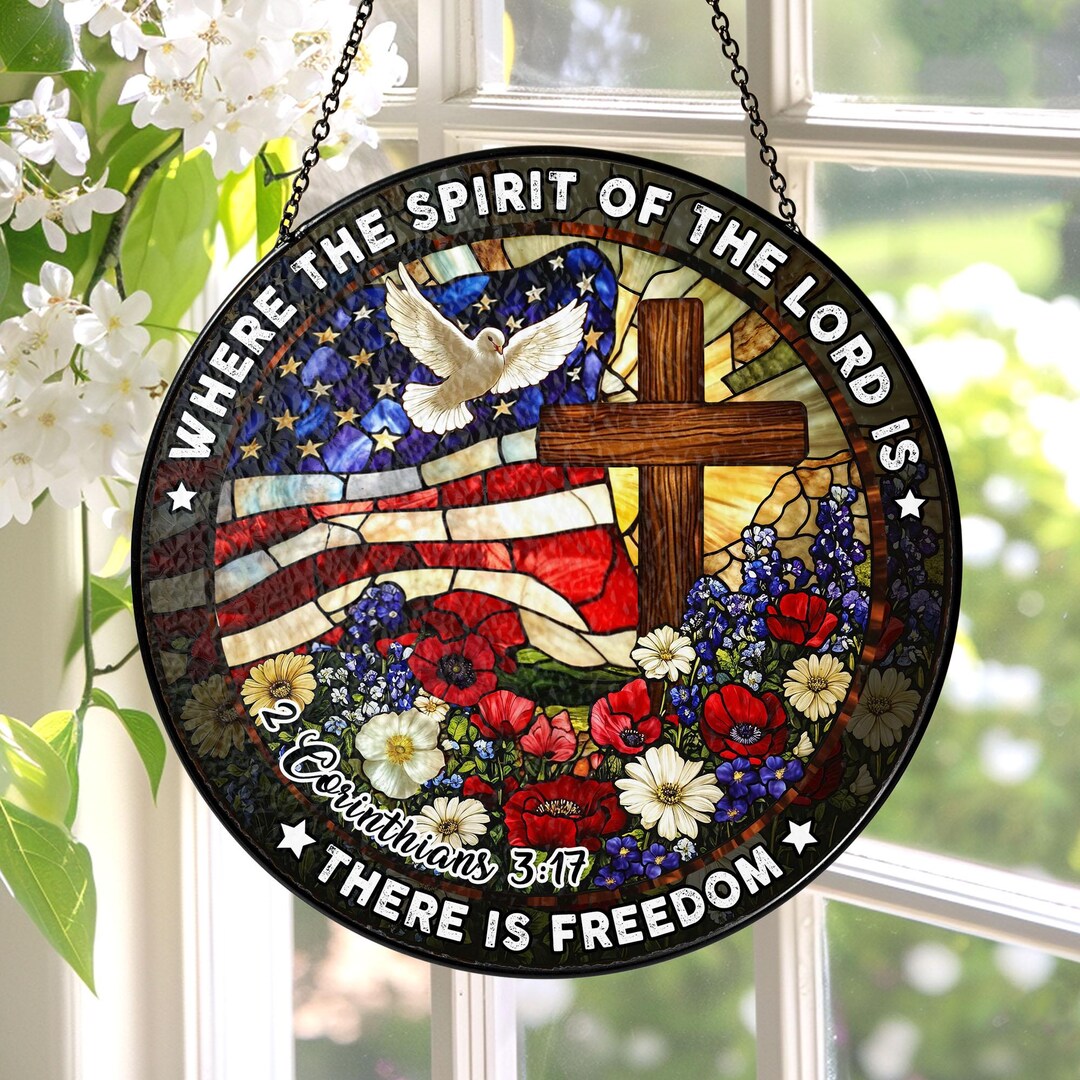 Christian 4th of July Suncatcher, Patriotic Wildflower Cross Stained ...