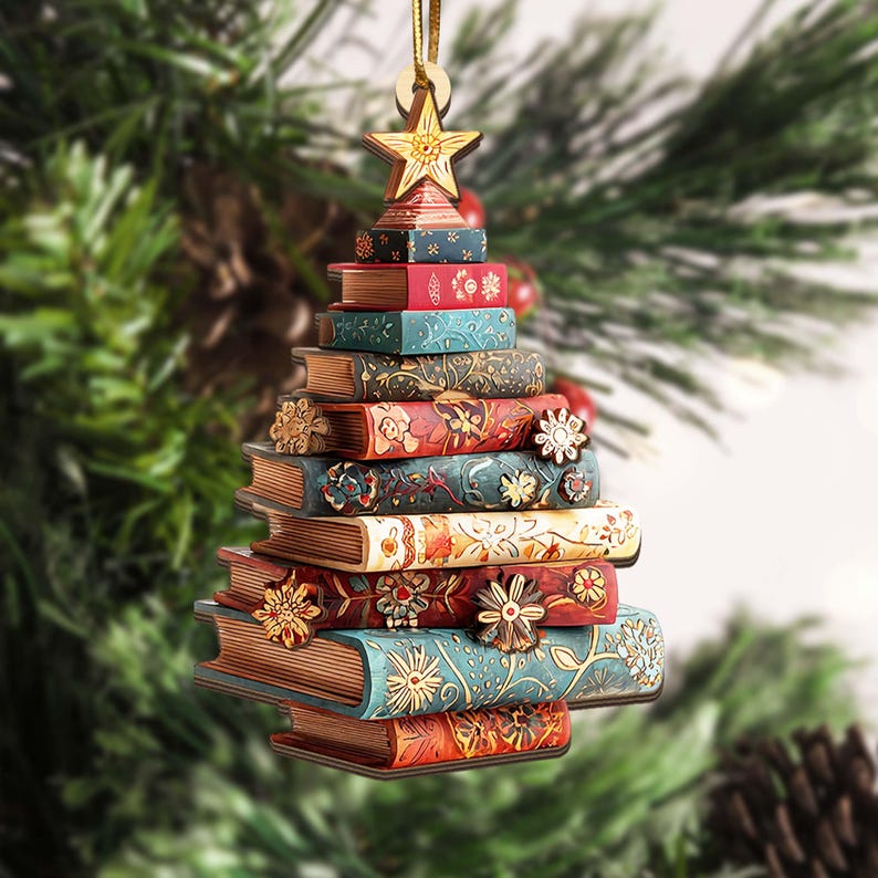 Christmas Book Tree Wood Ornament, Christmas Tree Book Gift, Book Lover ...