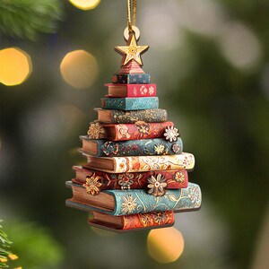 Christmas Book Tree Wood Ornament, Christmas Tree Book Gift, Book Lover ...