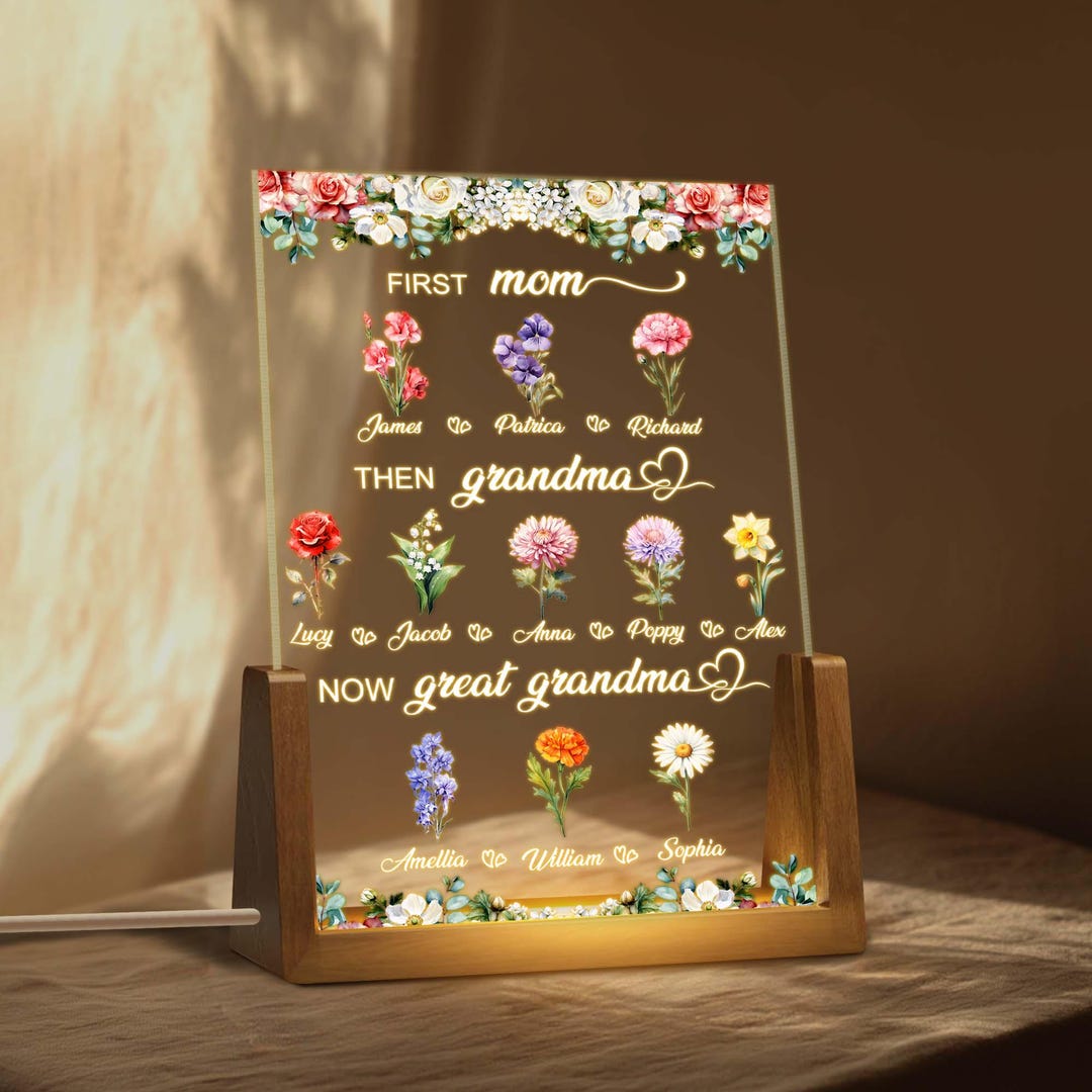 First Mom Now Grandma Night Light, Custom Birth Month Flower LED Light ...