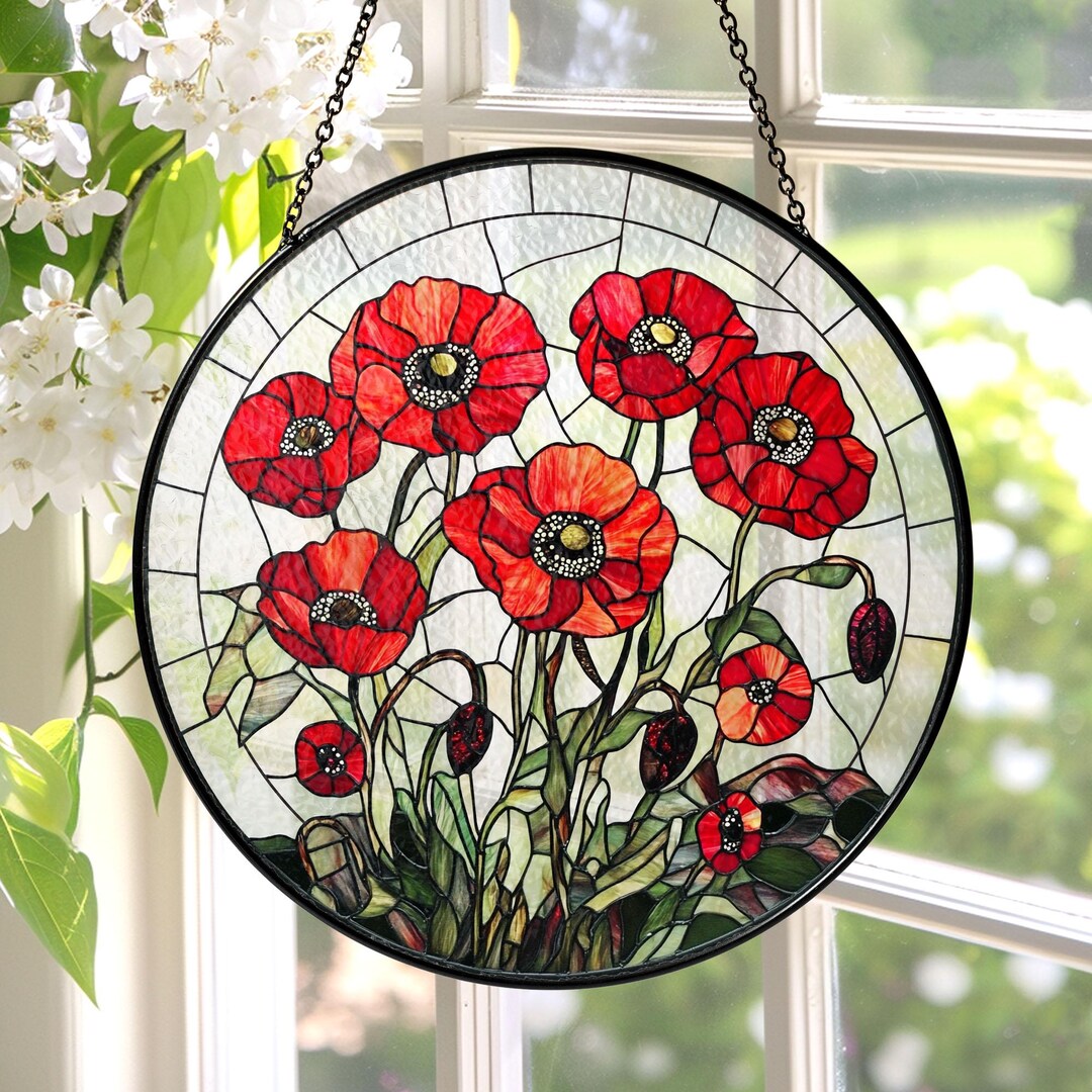 Poppy Flowers Suncatcher, Stained Glass Plant Home Decor, Unique ...