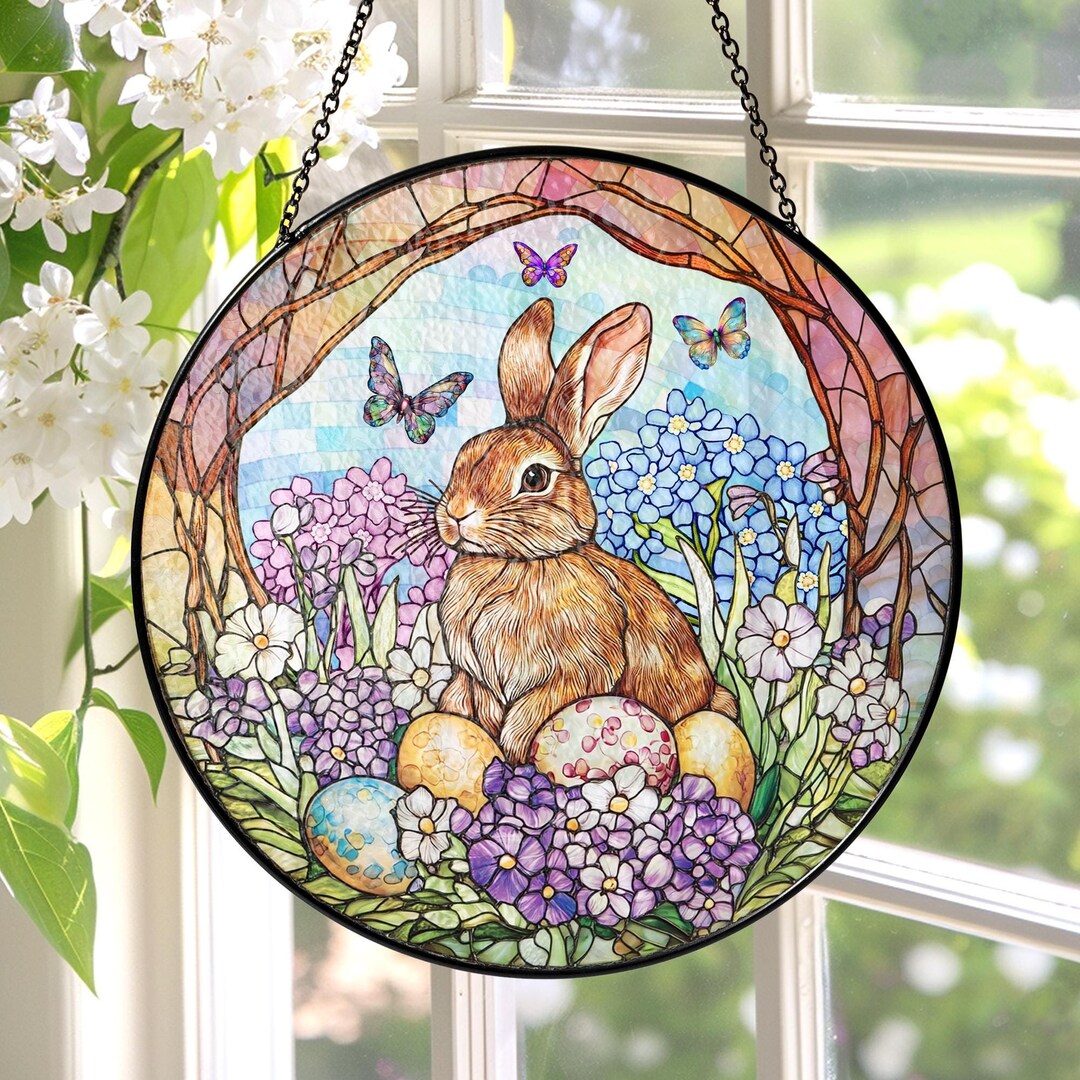 Easter Bunny Stained Glass Suncatcher, Easter Eggs Window Hanging ...
