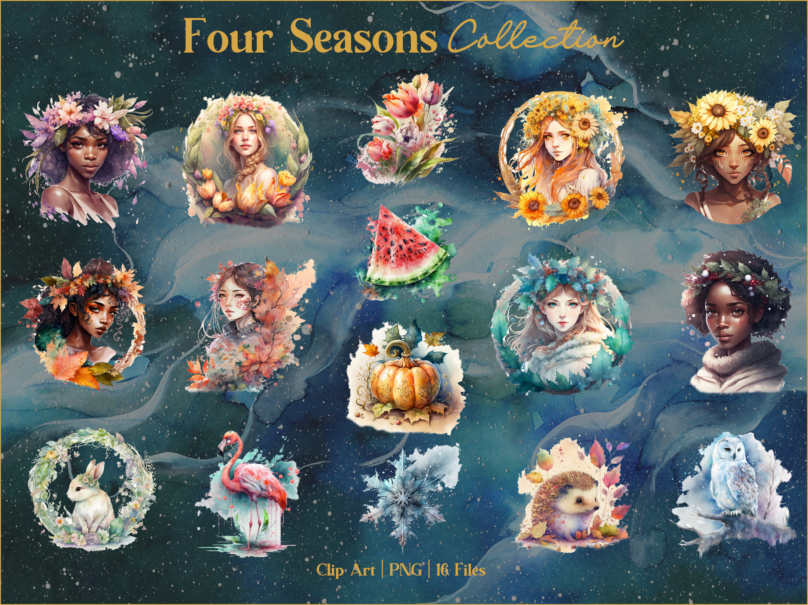 16 Pc Four Seasons Clip Art Collection, Commercial Use, Digital Sticker ...