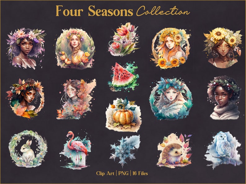 16 Pc Four Seasons Clip Art Collection, Commercial Use, Digital Sticker ...