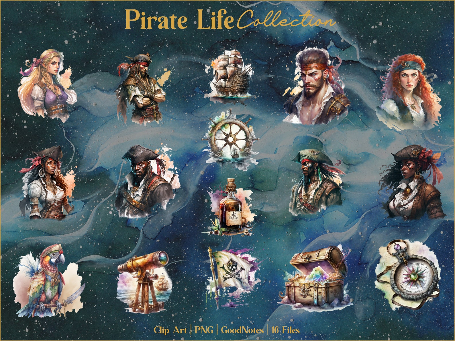 16 Pc Pirate Life Clipart Collection, Commercial Use, Goodnotes, Bonus ...