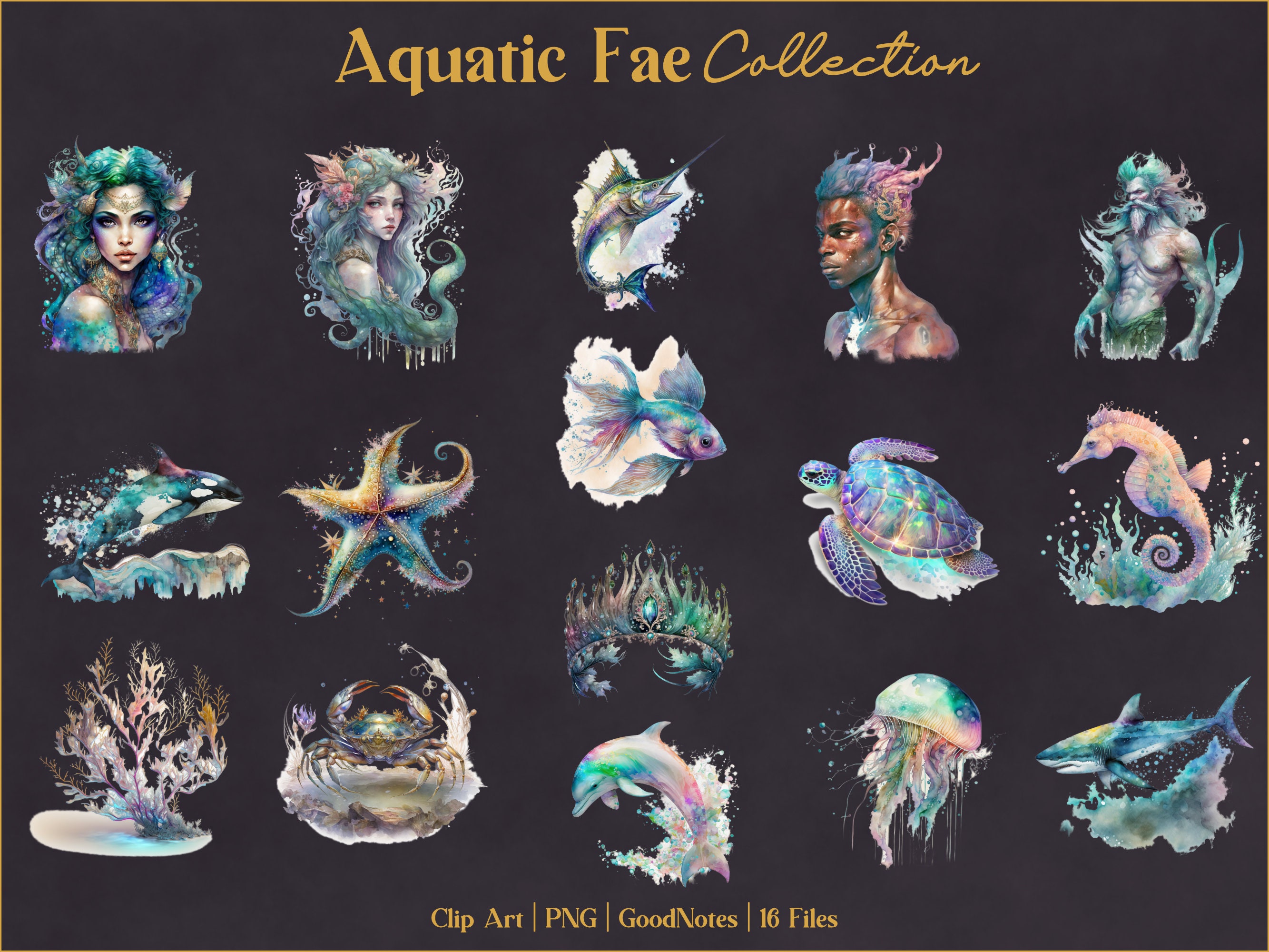 16 Pc Aquatic Fae Clip Art Collection, Commercial Use, Goodnotes ...
