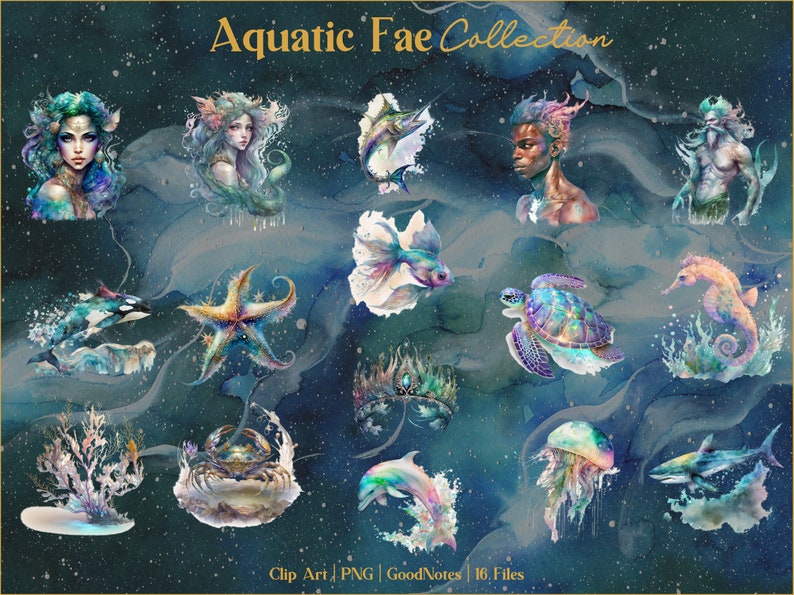 16 Pc Aquatic Fae Clip Art Collection, Commercial Use, Goodnotes ...