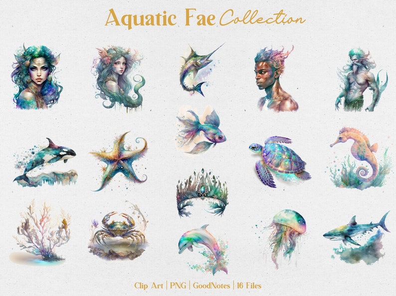 16 Pc Aquatic Fae Clip Art Collection, Commercial Use, Goodnotes ...