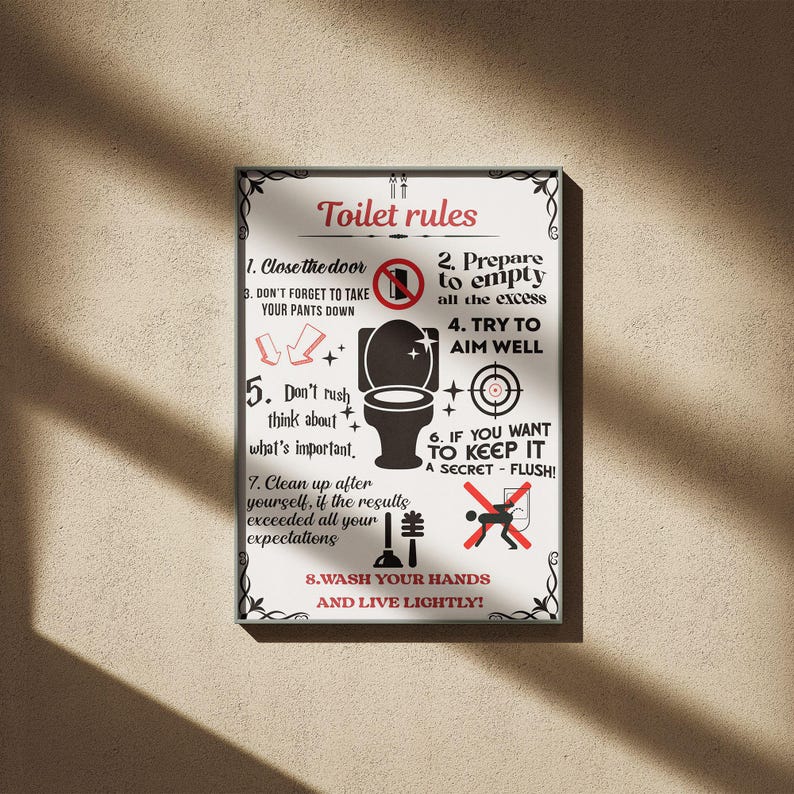 Toilet Rules for Home and Office, Funny Bathroom Rules Sign, Airbnb ...