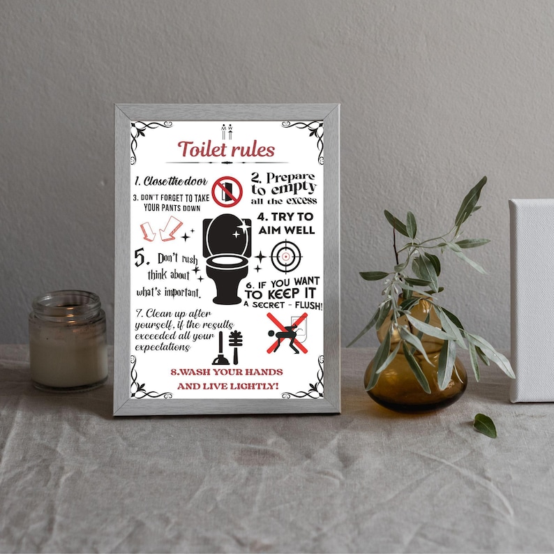 Toilet Rules for Home and Office, Funny Bathroom Rules Sign, Airbnb ...