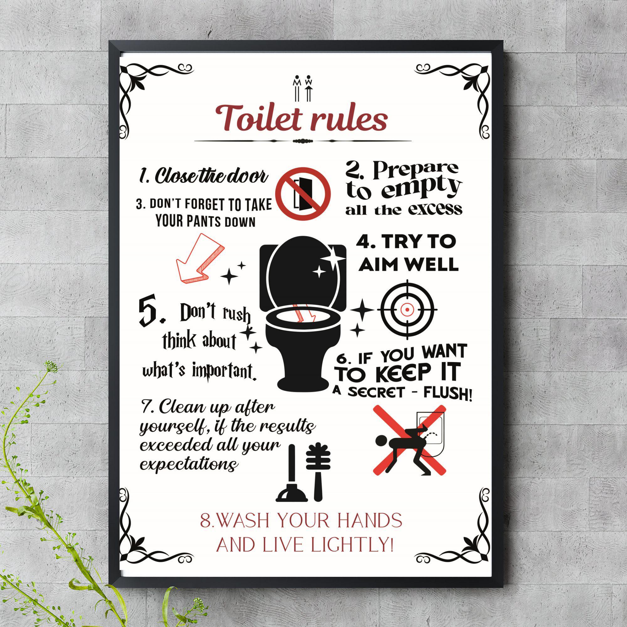 Toilet Rules for Home and Office, Funny Bathroom Rules Sign, Airbnb ...