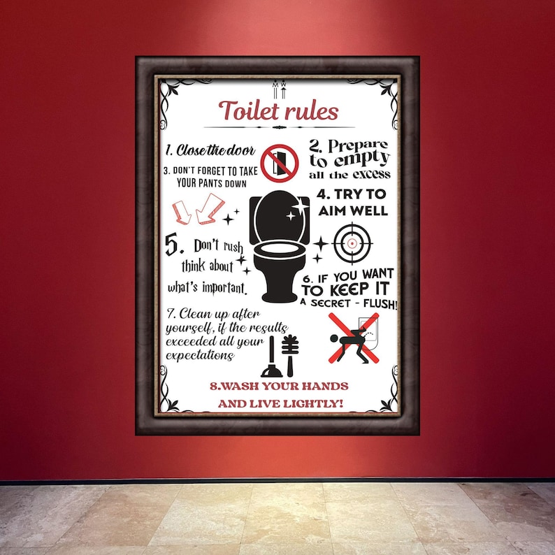 Toilet Rules for Home and Office, Funny Bathroom Rules Sign, Airbnb ...