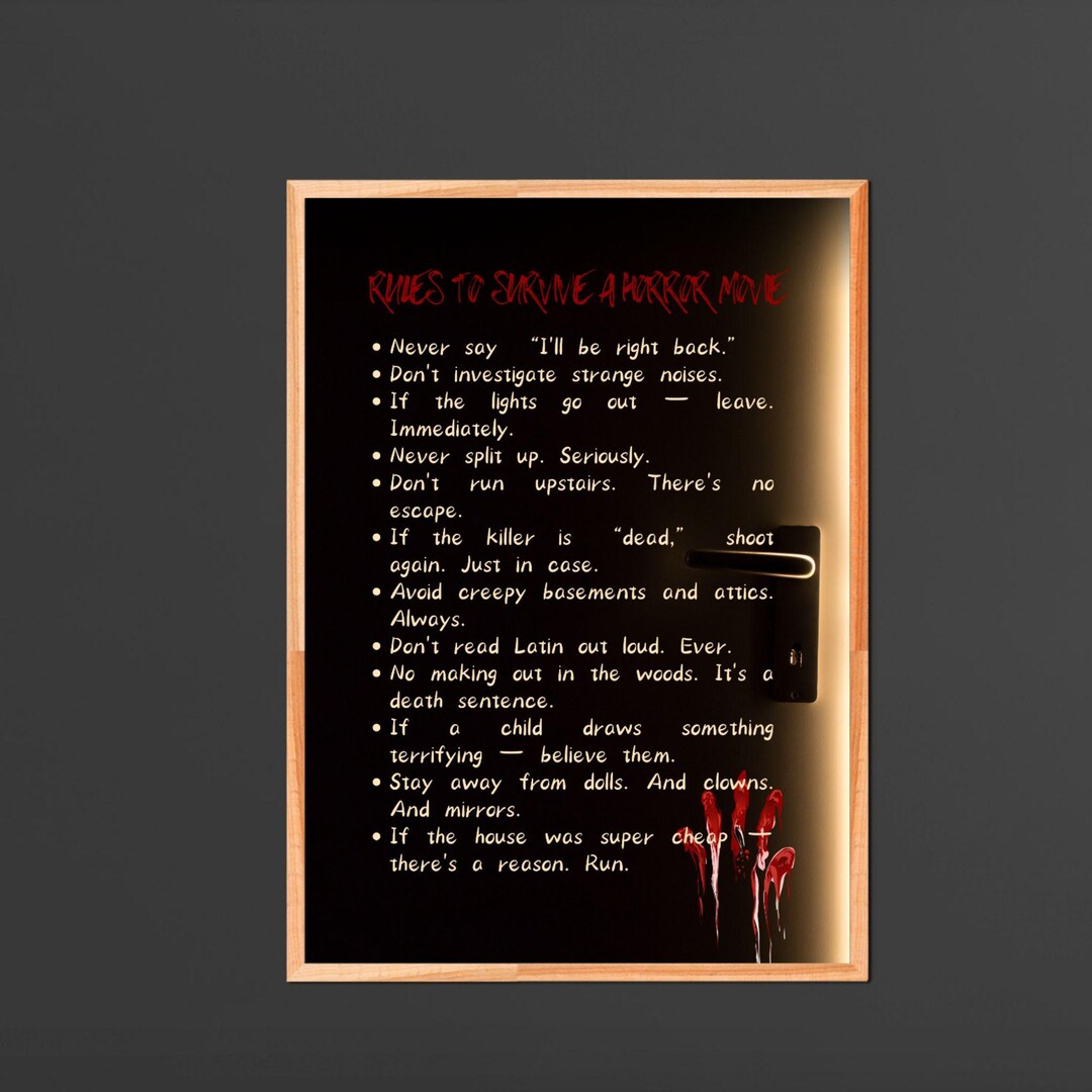 Rules to Survive a Horror Movie, Funny Horror Quotes Wall Art ...