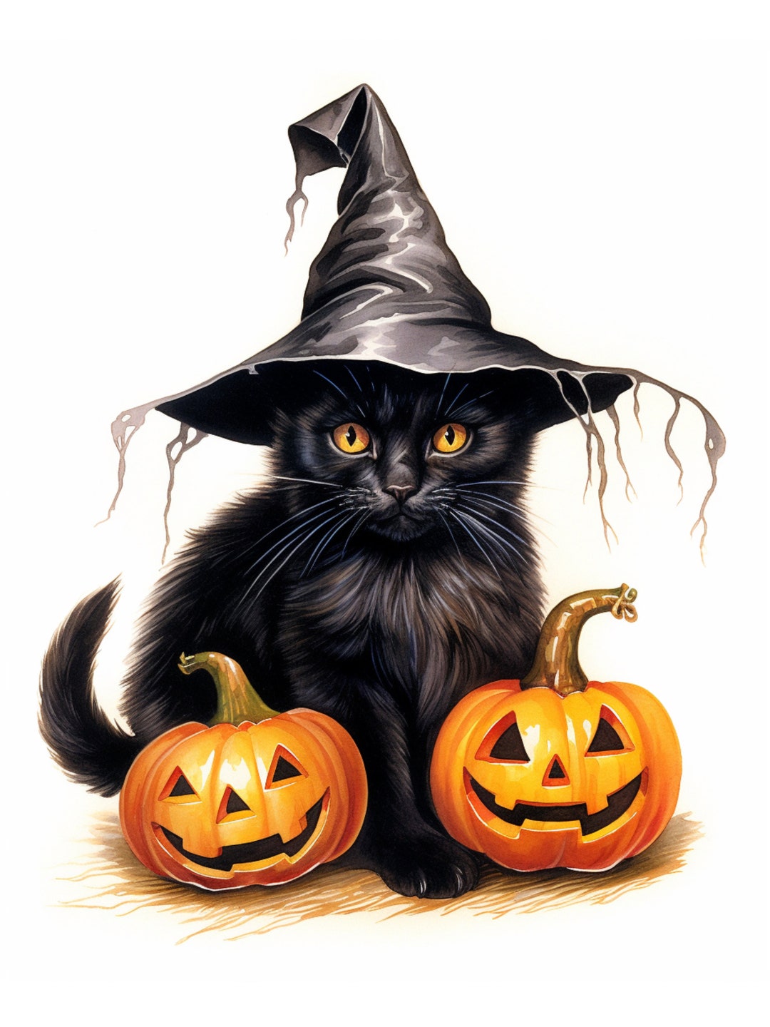 Watercolor Halloween Black Cat Digital Art Print Instant - Etsy