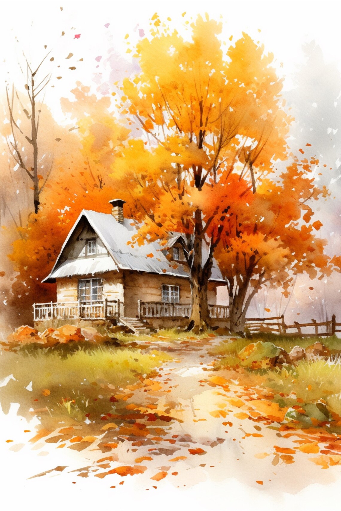 Watercolor Autumn Cottage Home Digital Art Print Instant Download ...