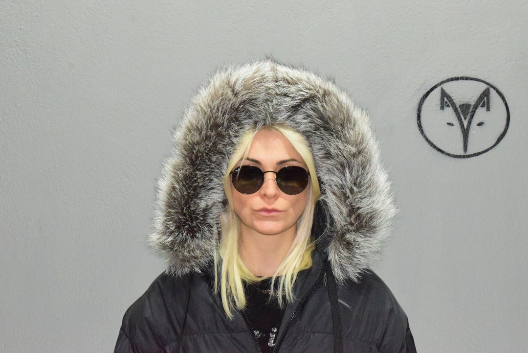 Fox Fur Trim Hood, Collar, Silver Fox Fur Fluffy Detachable Hood Stripe ...