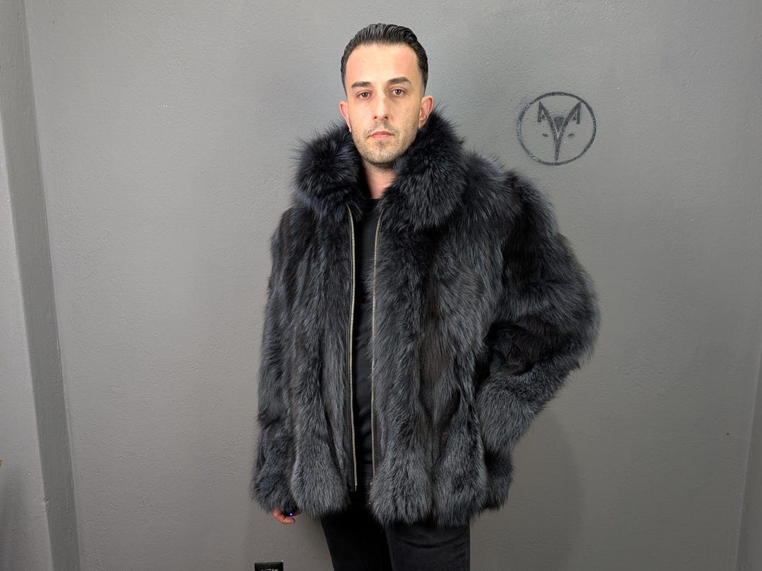 Fox Fur Navy Blue Jacket for Men, Fluffy Warm, Straight Line Fit With ...