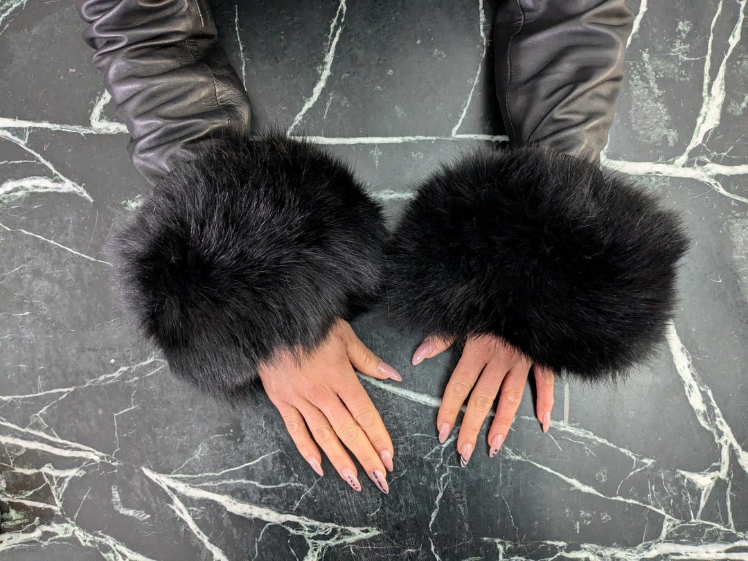 Black Fox Fur Cuffs: Handmade Elastic Wrist Warmers - Etsy