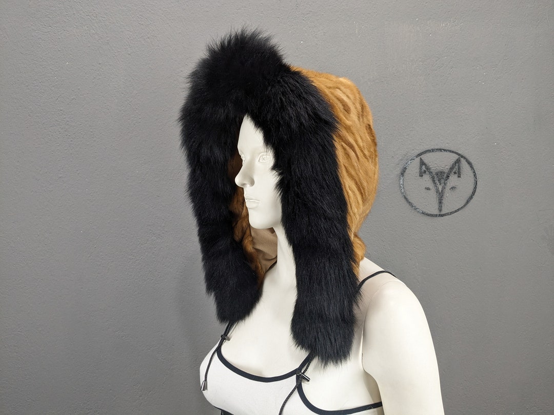 Mink Fur Hood Whisky and Black Color, Attached With Elastic Loops on ...
