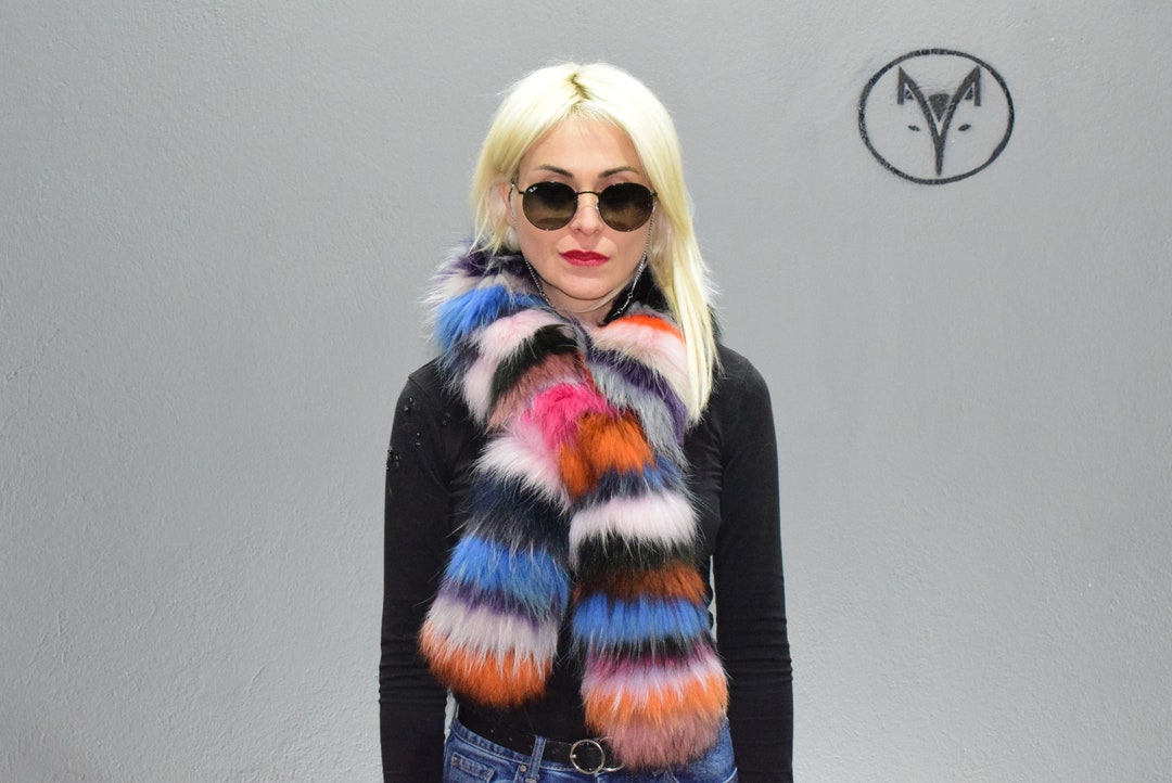Fur Scarf, Blue Colorful Finn Raccoon Fur, Fluffy Soft Warm Neck ...
