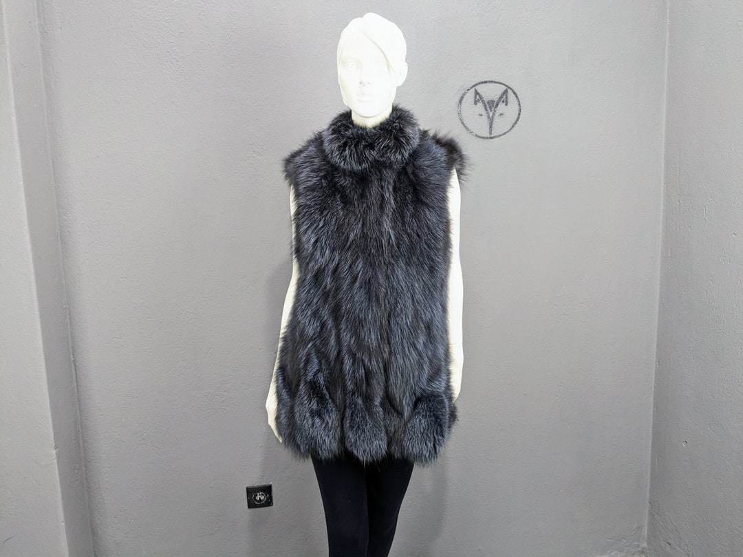 Navy Blue Fox Fur Vest Handmade, Women's Waistcoat - Etsy