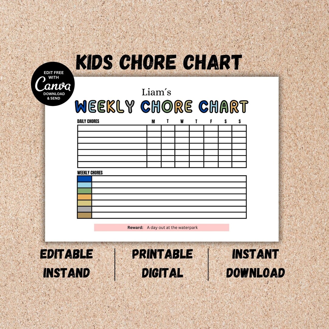 Kids Chore Chart Editable Daily Weekly Checklist Kids Weekly Planner ...