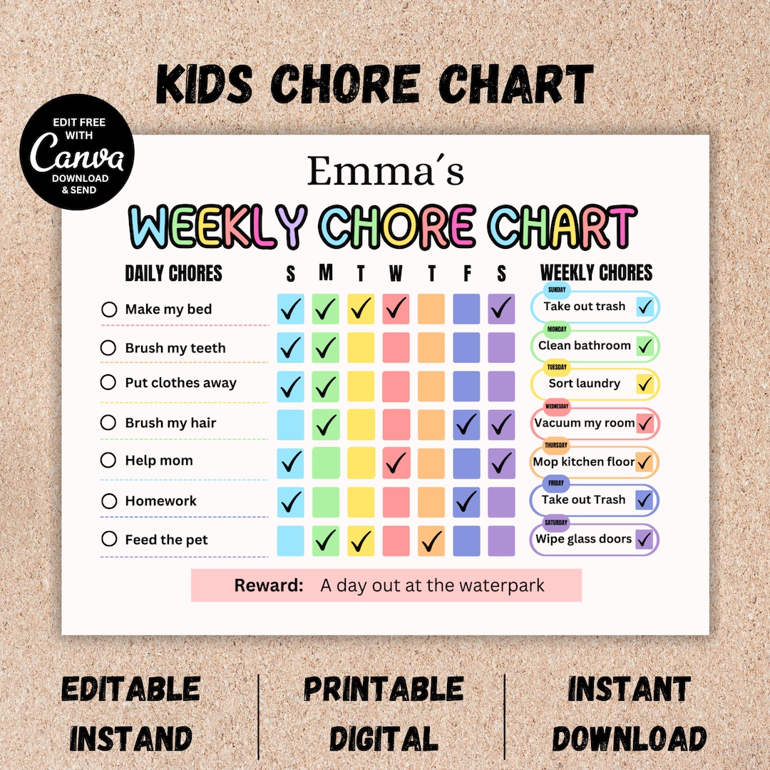 Editable Kids Household Chart, Printable, Daily Weekly Responsibility ...
