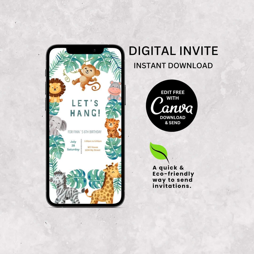 DIY Digital Jungle Party Invitation | Canva Template | Electronic ...