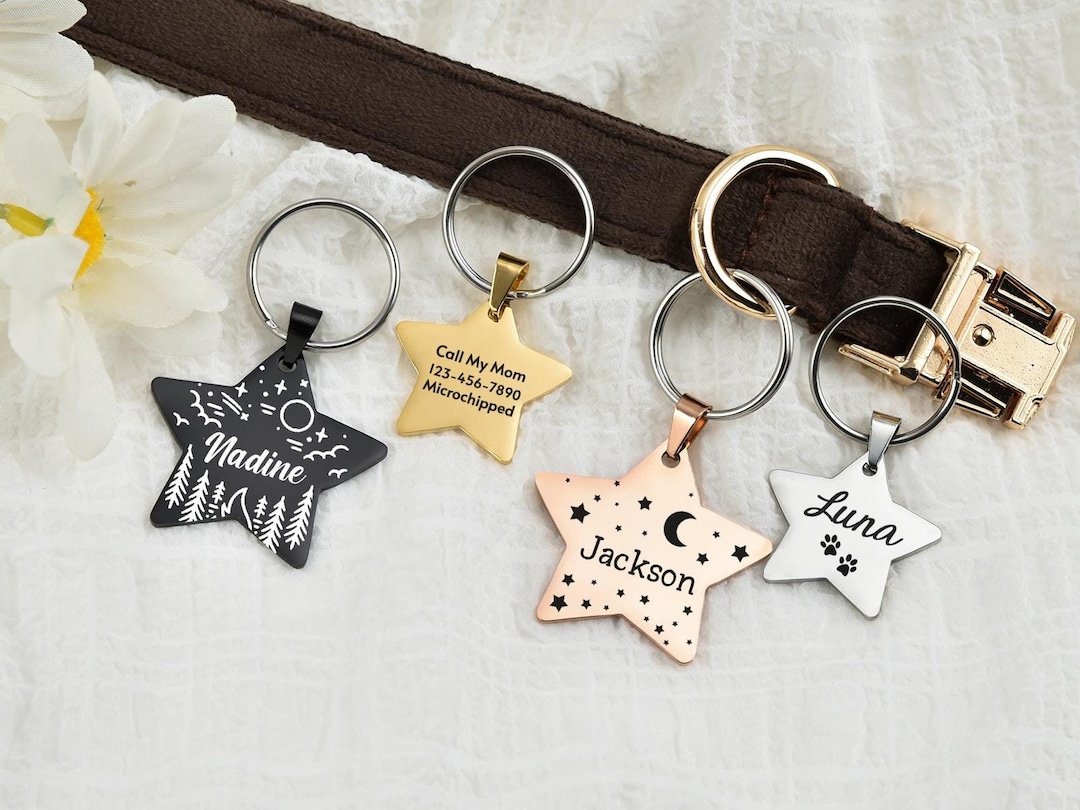Quality Thick Engraved Star Dog Tag, Personalized Star Dog Collar Tag ...