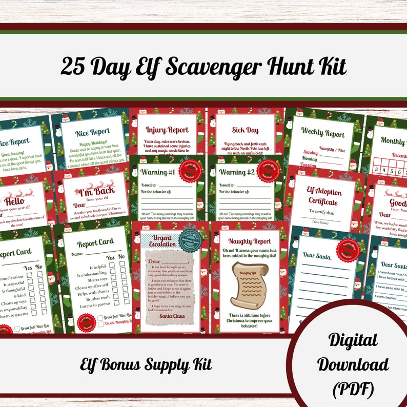 25 Day Elf Scavenger Hunt Kit: Printable Clues & Supply Kit (PDF ...