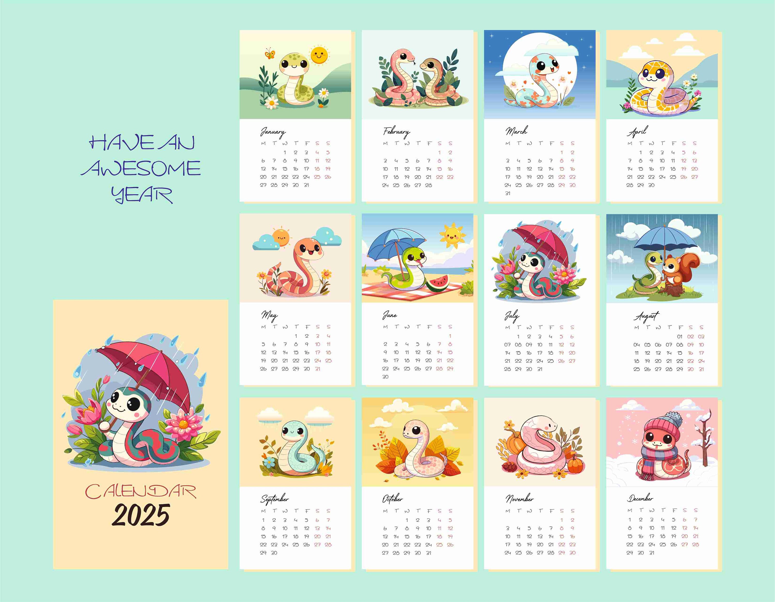 2025 Cute Snakes Calendar Printable | Adorable Reptile Design ...